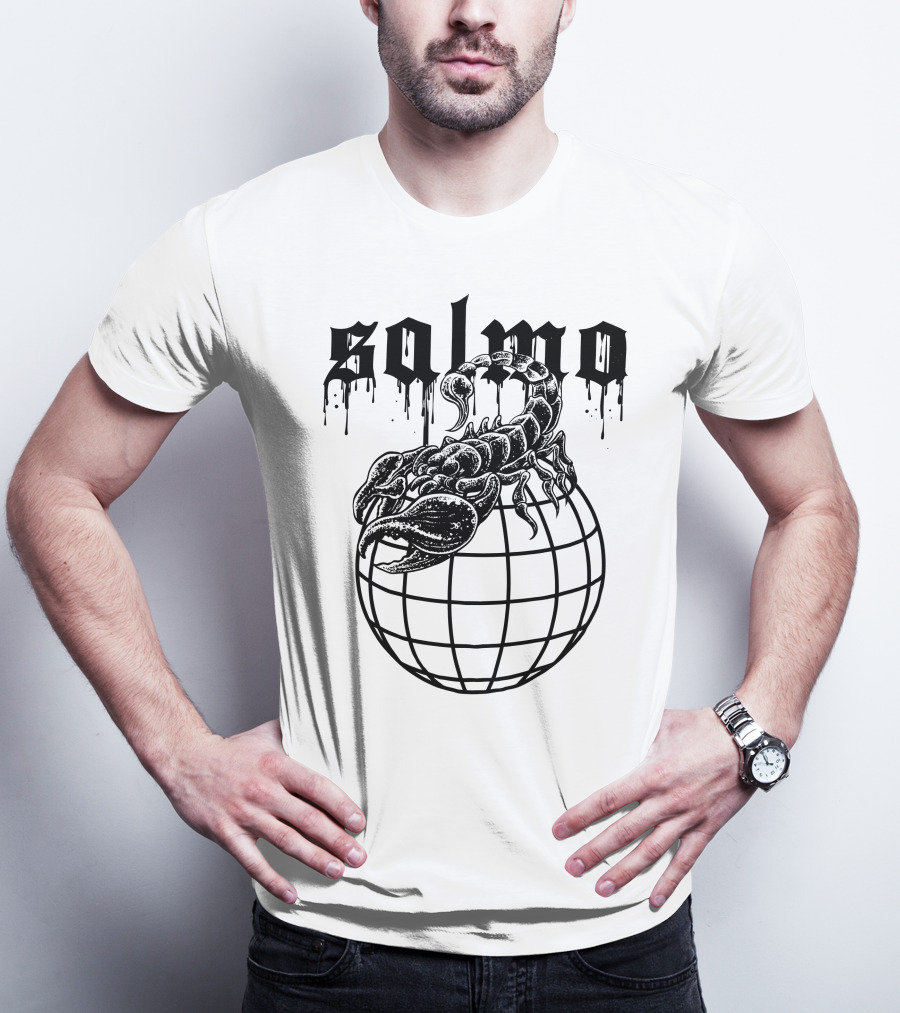 Salmo Scorpio With Dripping Text And Scorpion On Globe T-Shirt