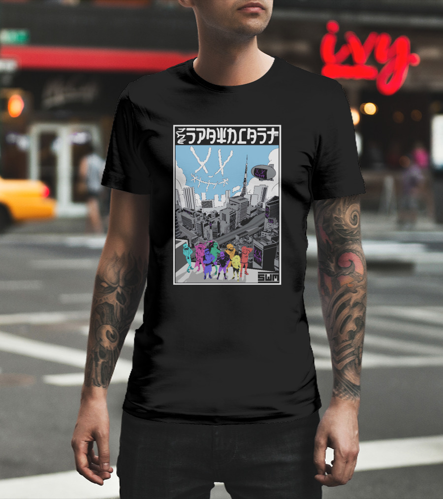 Spawncast Cyberpunk Cityscape With Masked Figures And Smiling Skyline Eyes T-Shirt