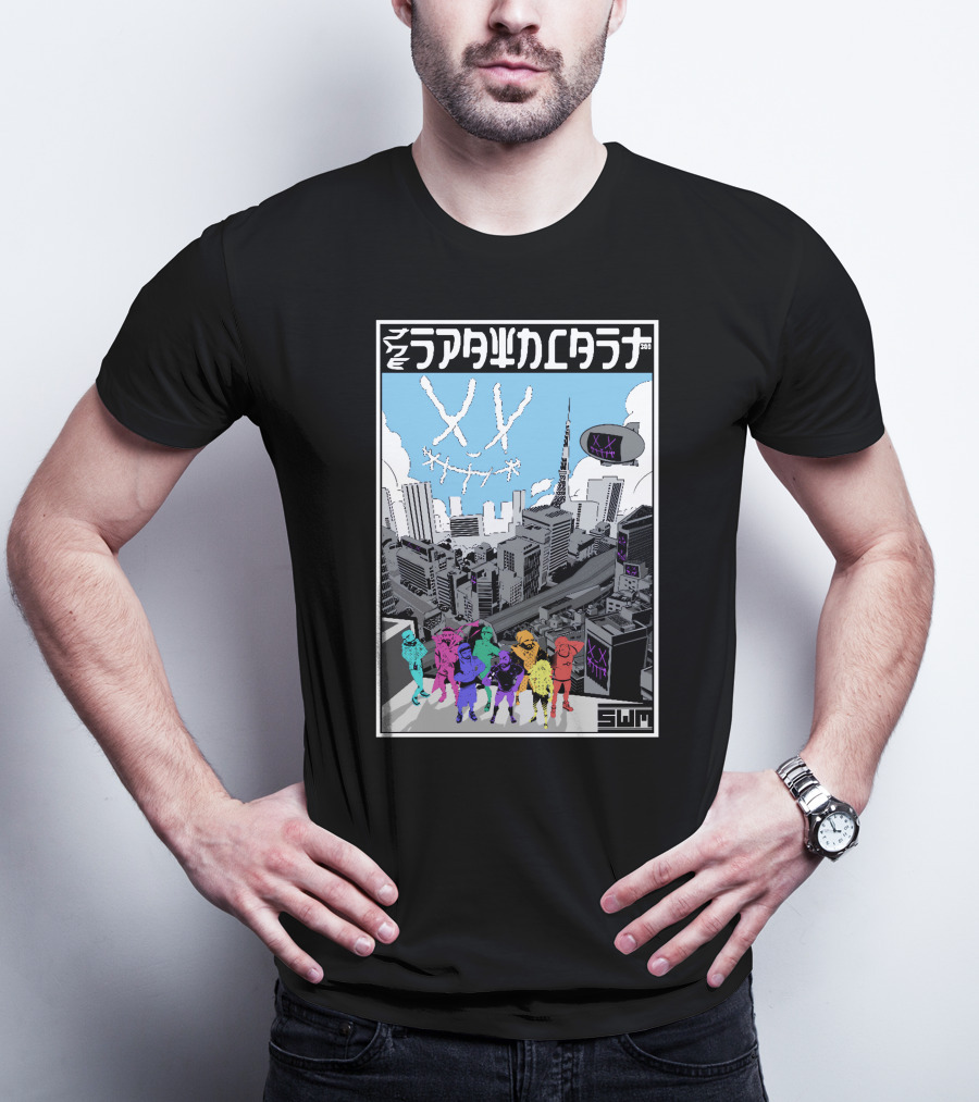 Spawncast Cyberpunk Cityscape With Masked Figures And Smiling Skyline Eyes T-Shirt