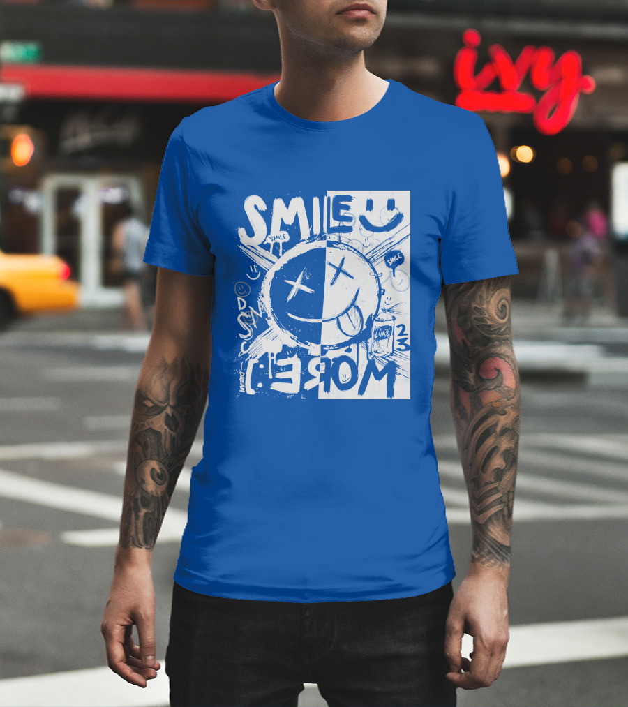Smile More April Members Only Blue Grunge Style Smiley Face T-Shirt