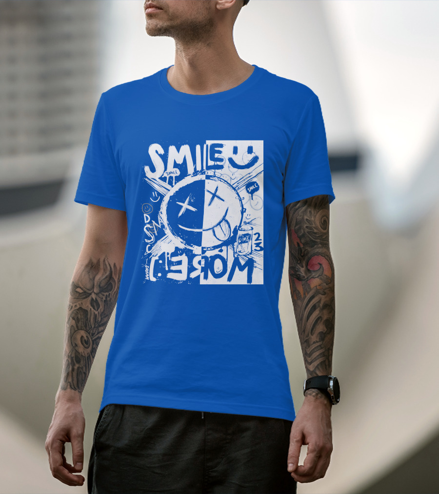 Smile More April Members Only Blue Grunge Style Smiley Face T-Shirt
