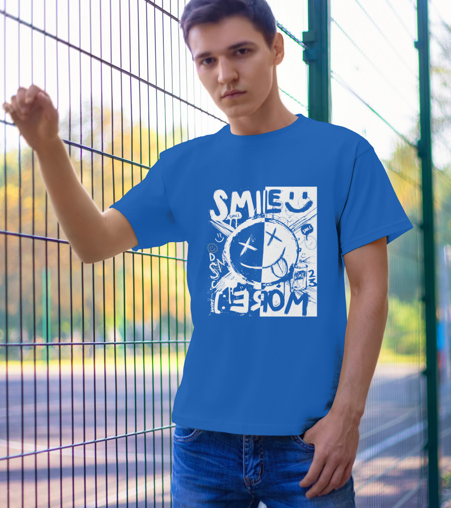 Smile More April Members Only Blue Grunge Style Smiley Face T-Shirt