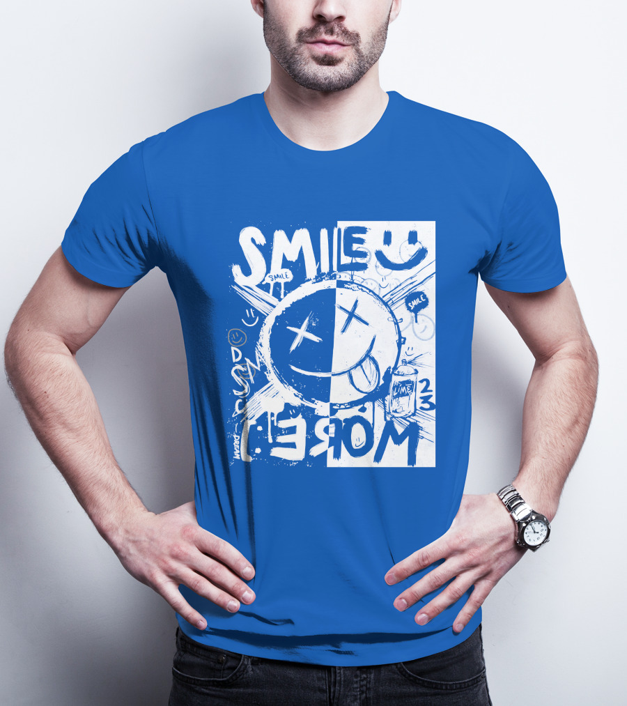 Smile More April Members Only Blue Grunge Style Smiley Face T-Shirt