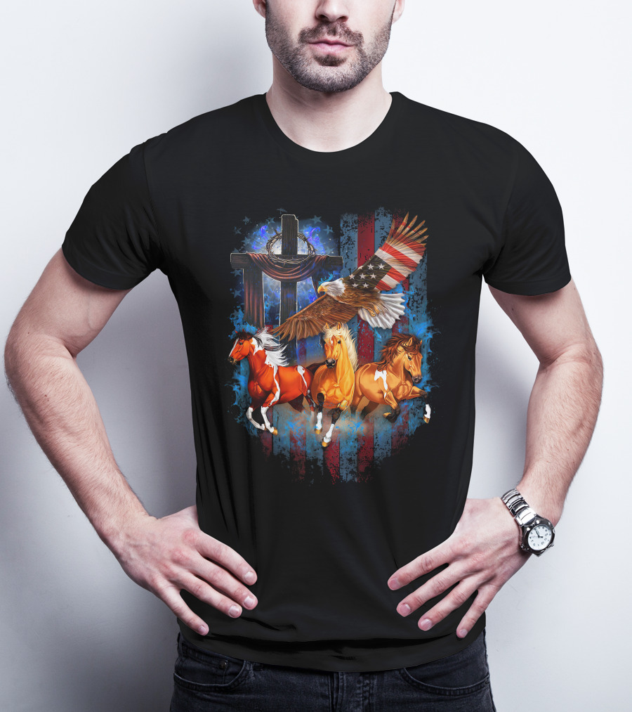 GOD Horse American Flag Eagle Cross T-Shirt