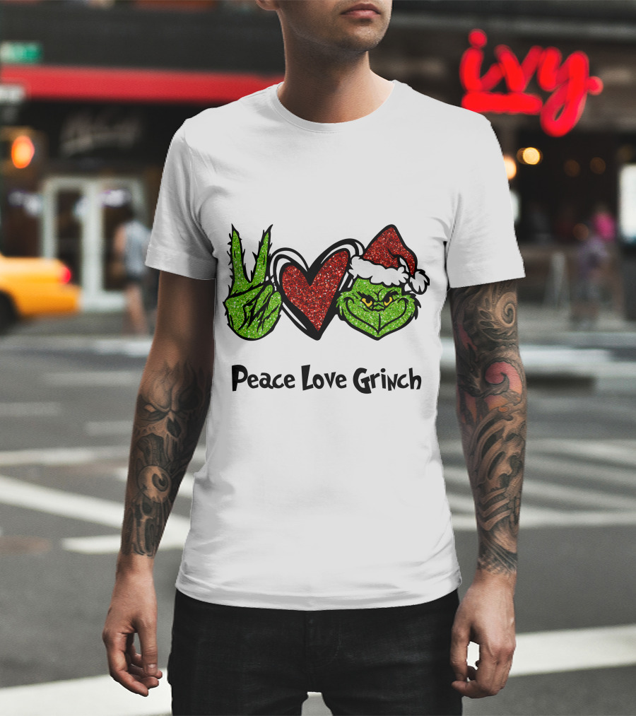 Peace Love Grinch Glitter Christmas Santa Hat T-Shirt