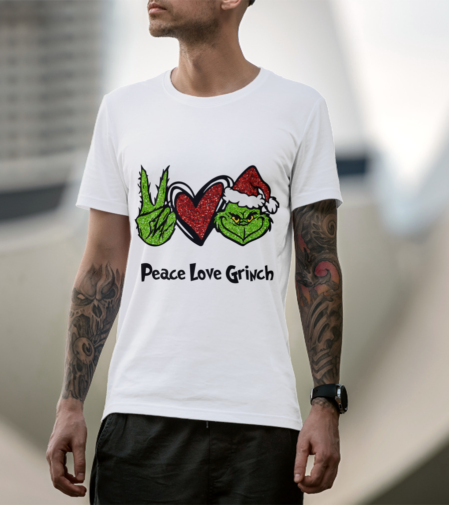 Peace Love Grinch Glitter Christmas Santa Hat T-Shirt