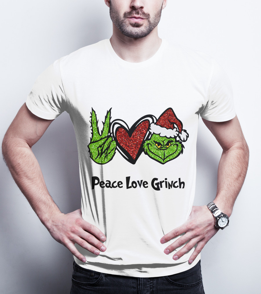 Peace Love Grinch Glitter Christmas Santa Hat T-Shirt