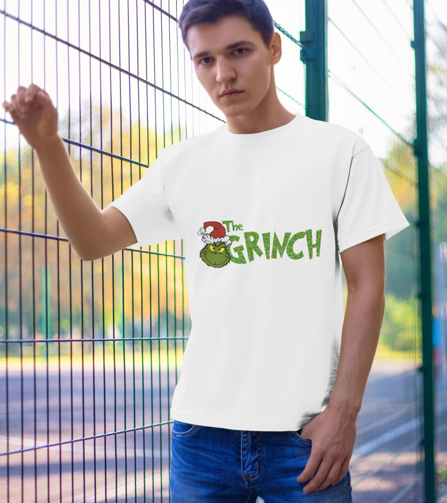 The Grinch Santa Hat Christmas Green Glittery Text T-Shirt
