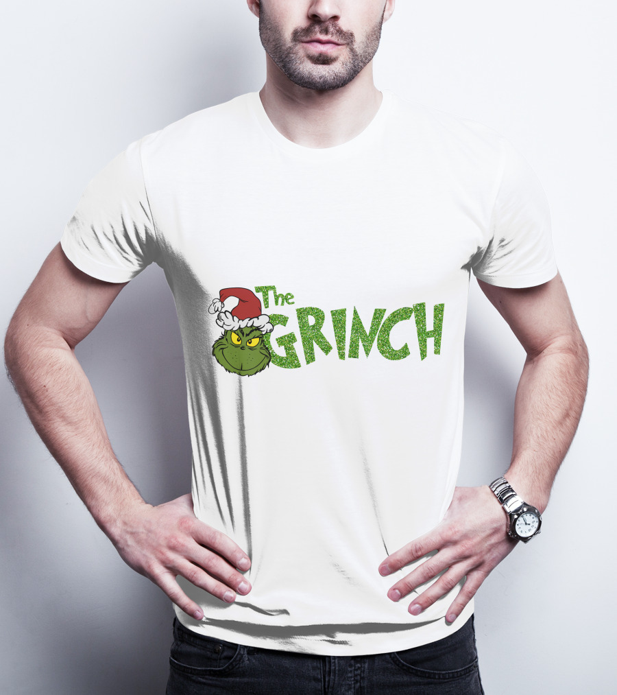 The Grinch Santa Hat Christmas Green Glittery Text T-Shirt