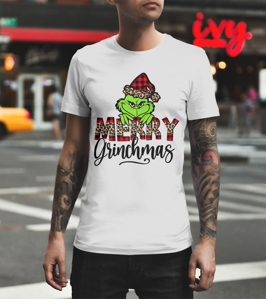 Merry Grinchmas Red Plaid And Leopard Print Christmas Grinch T-Shirt