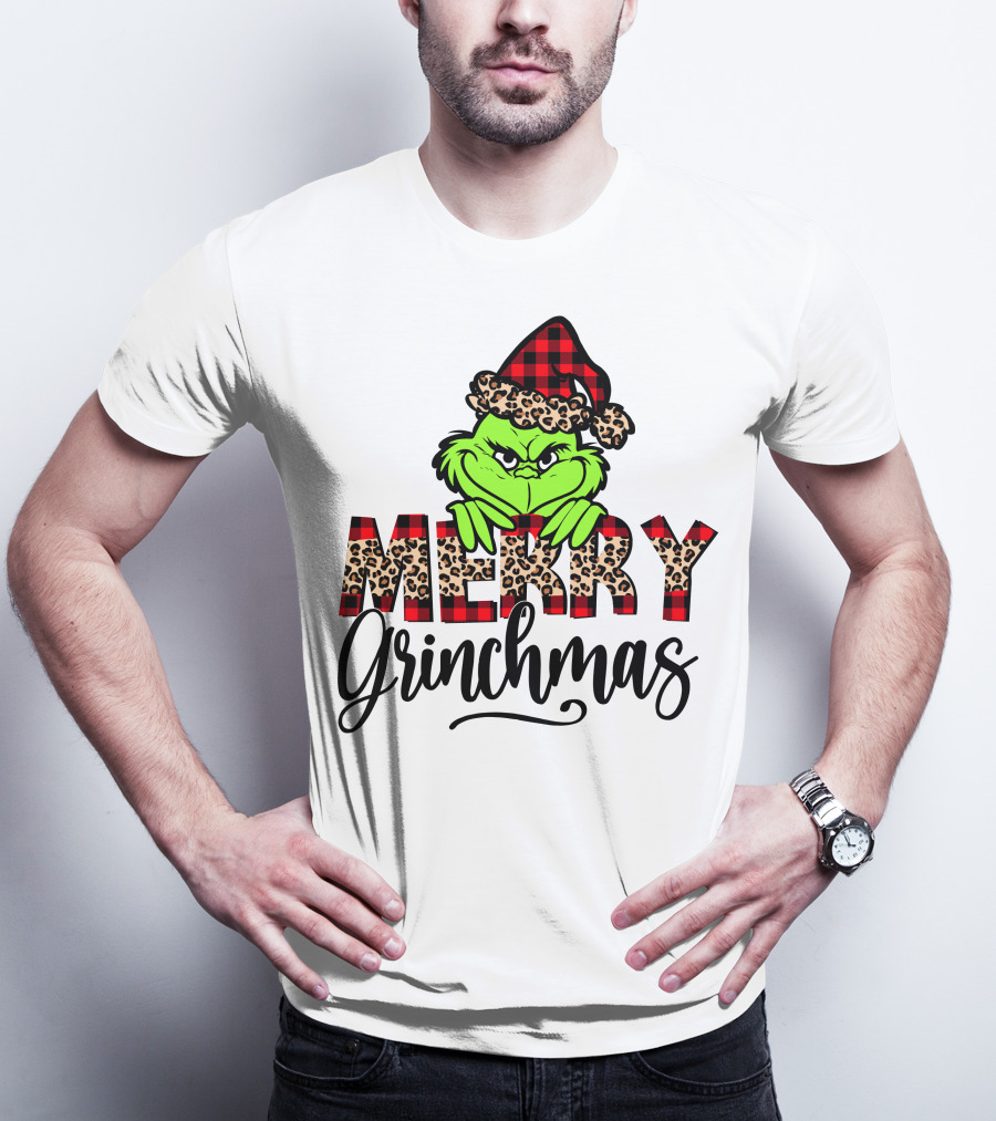 Merry Grinchmas Red Plaid And Leopard Print Christmas Grinch T-Shirt