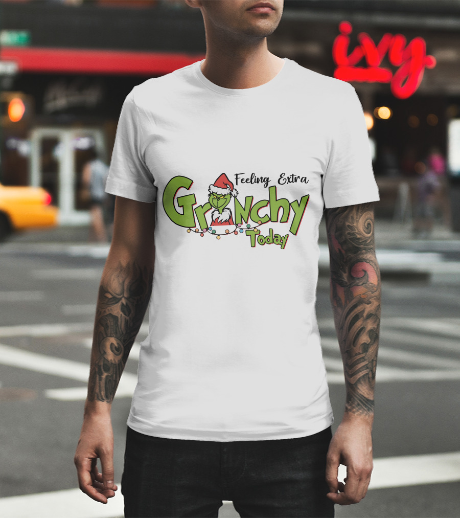 Feeling Extra Grinchy Today Santa Hat Christmas Lights T-Shirt