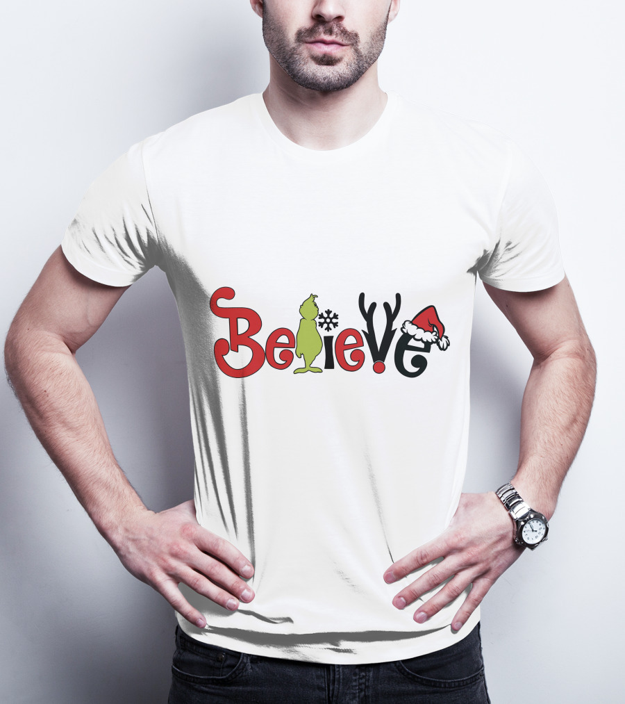 Grinch Believe Christmas Santa Hat Antlers T-Shirt