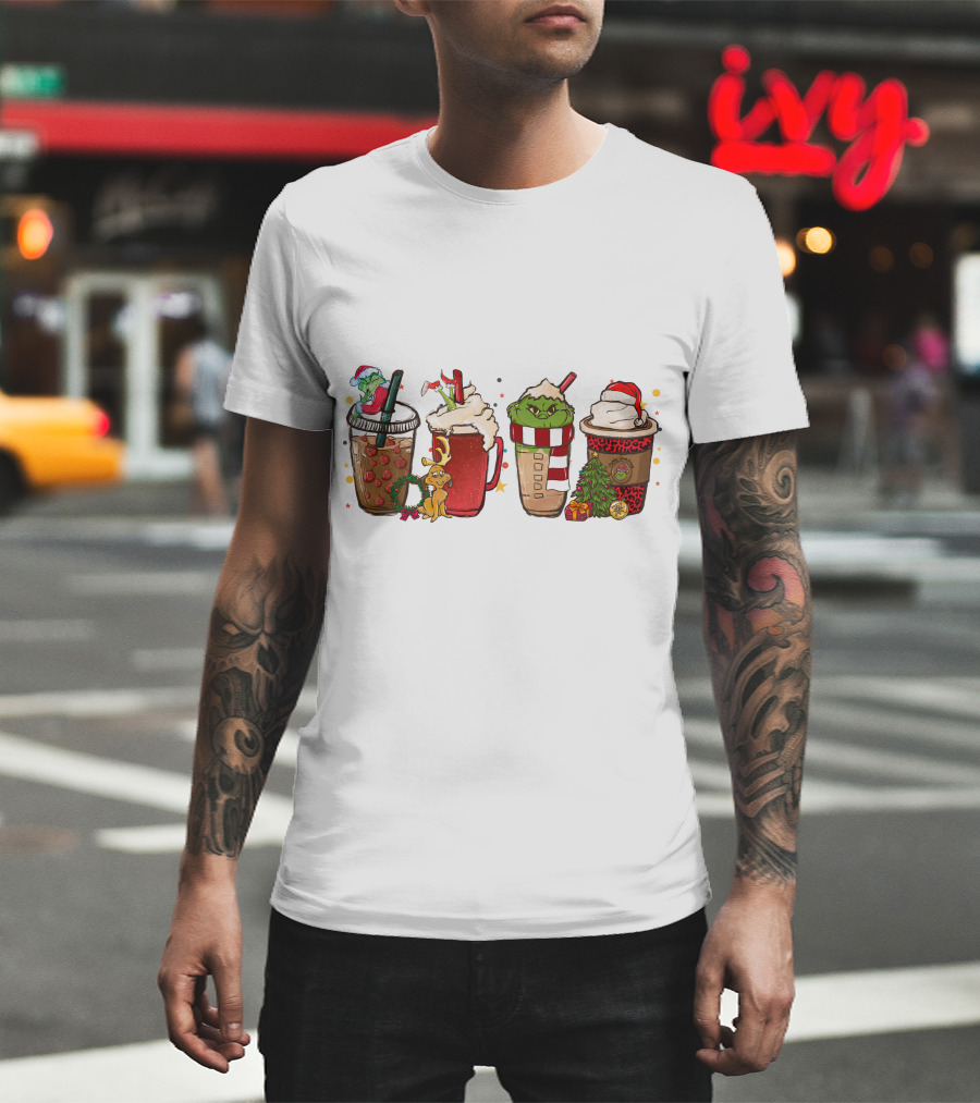 Grinch Christmas Coffee Drinks With Santa Hats And Holiday Decorations T-Shirt