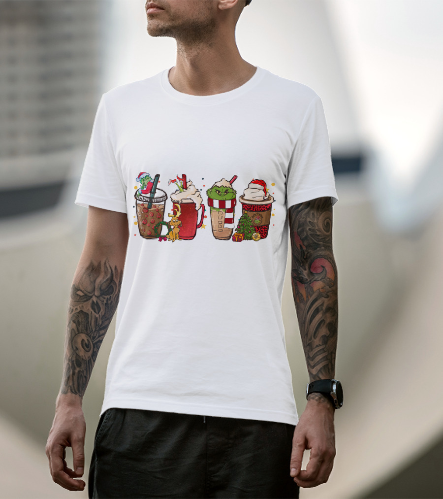 Grinch Christmas Coffee Drinks With Santa Hats And Holiday Decorations T-Shirt
