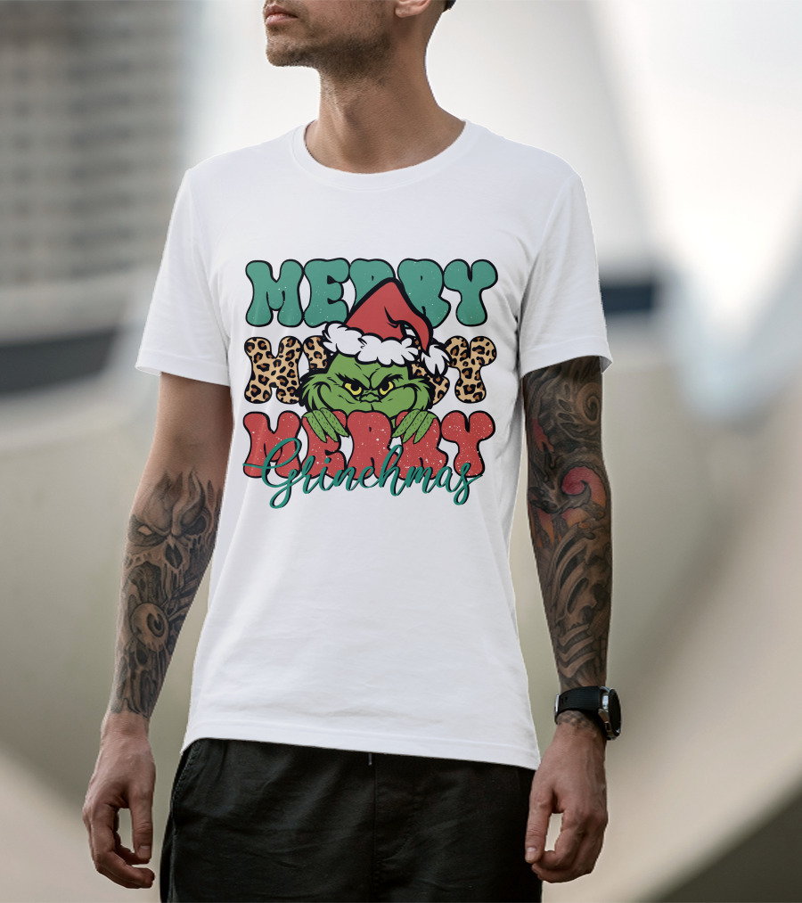Merry Grinchmas Merry Merry Merry Grinch Christmas Santa Hat Green Face Leopard Print T-Shirt