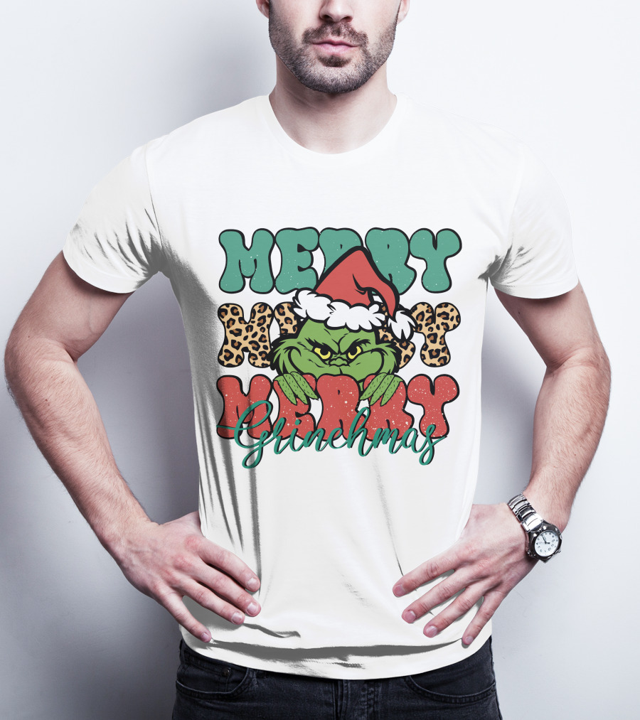 Merry Grinchmas Merry Merry Merry Grinch Christmas Santa Hat Green Face Leopard Print T-Shirt