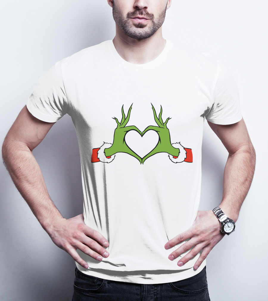 Grinch Hand Heart Christmas Santa Sleeve T-Shirt