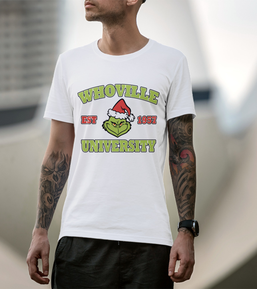 Whoville University Est 1957 Grinch Santa Hat T-Shirt