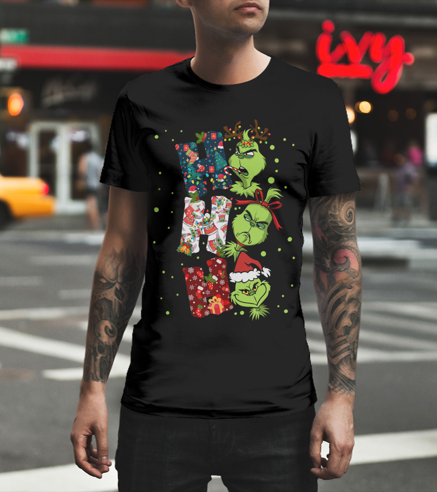Grinch Ho Ho Ho Christmas Characters With Antlers And Santa Hat T-Shirt