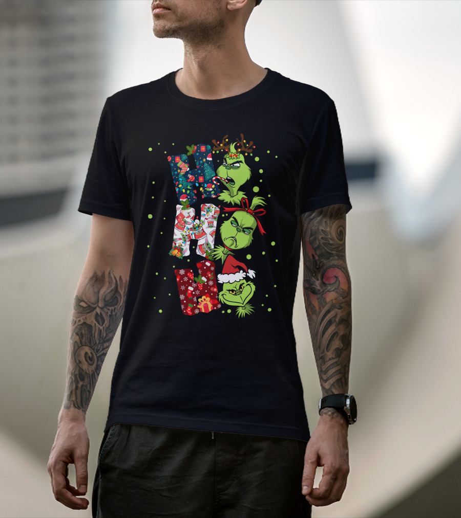 Grinch Ho Ho Ho Christmas Characters With Antlers And Santa Hat T-Shirt