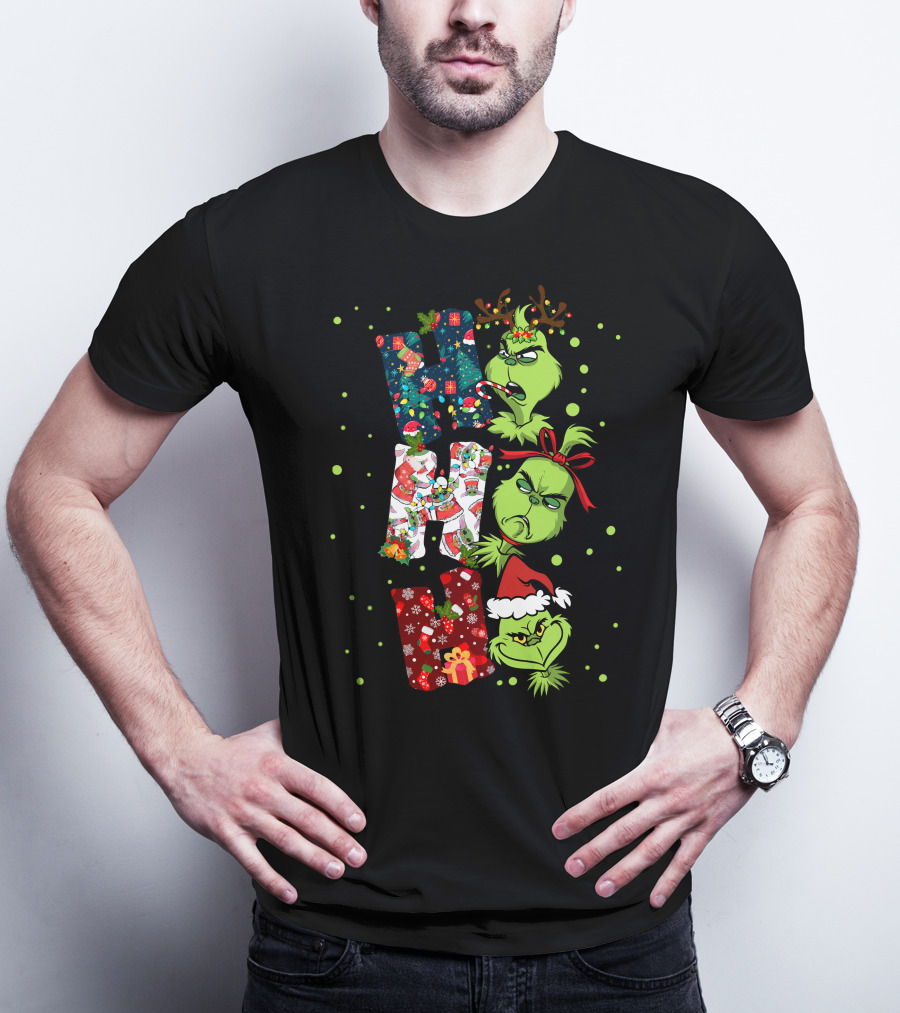 Grinch Ho Ho Ho Christmas Characters With Antlers And Santa Hat T-Shirt