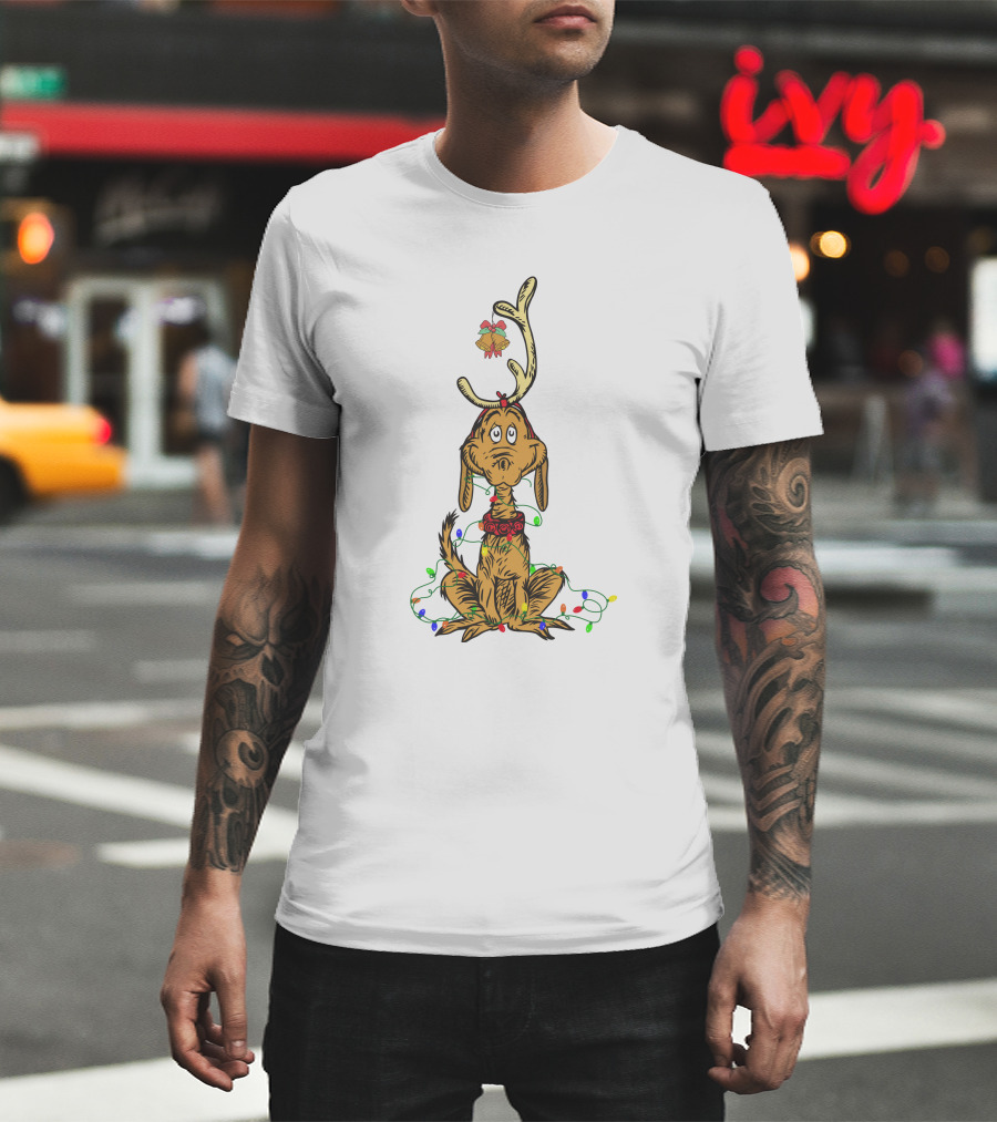 Grinch Max With Christmas Lights And Antlers T-Shirt