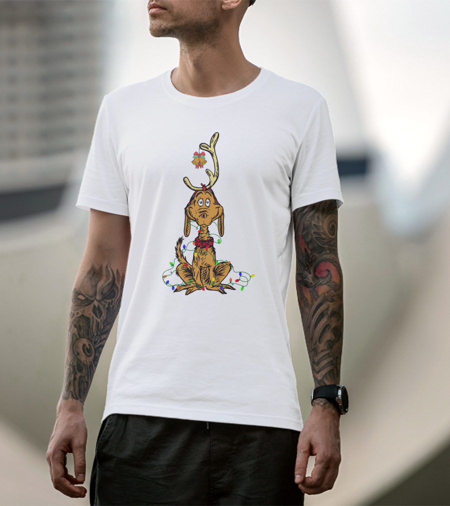 Grinch Max With Christmas Lights And Antlers T-Shirt