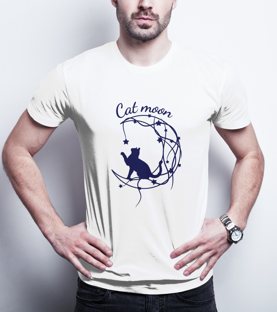 Cat Moon Silhouette With Stars And Vines T-Shirt