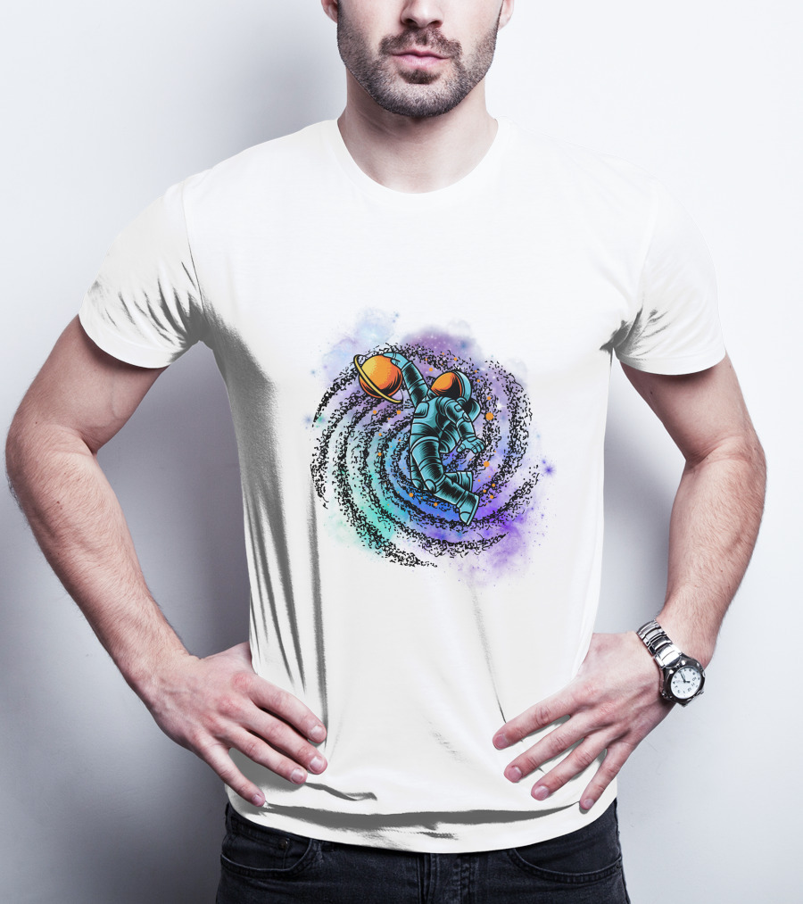 Astronaut Grasping Saturn In Cosmic Swirl 'Conquer The Universe' T-Shirt