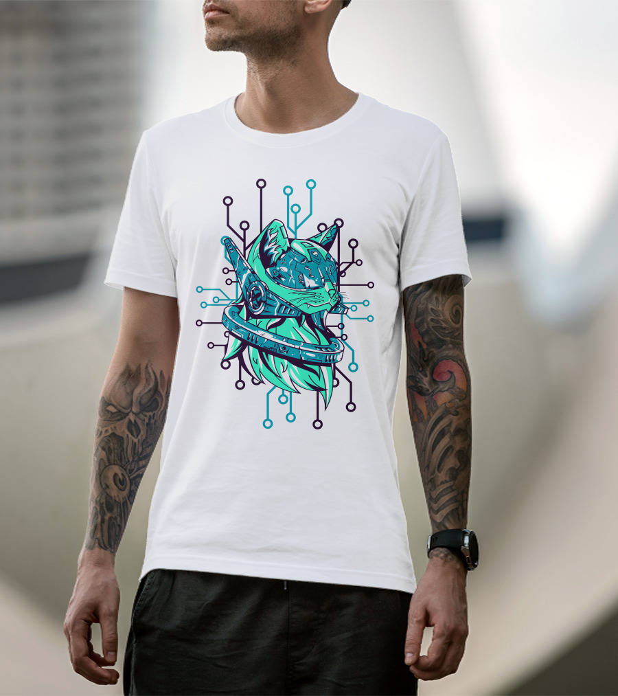 Futuristic Cybernetic Cat With Circuitry Elements T-Shirt