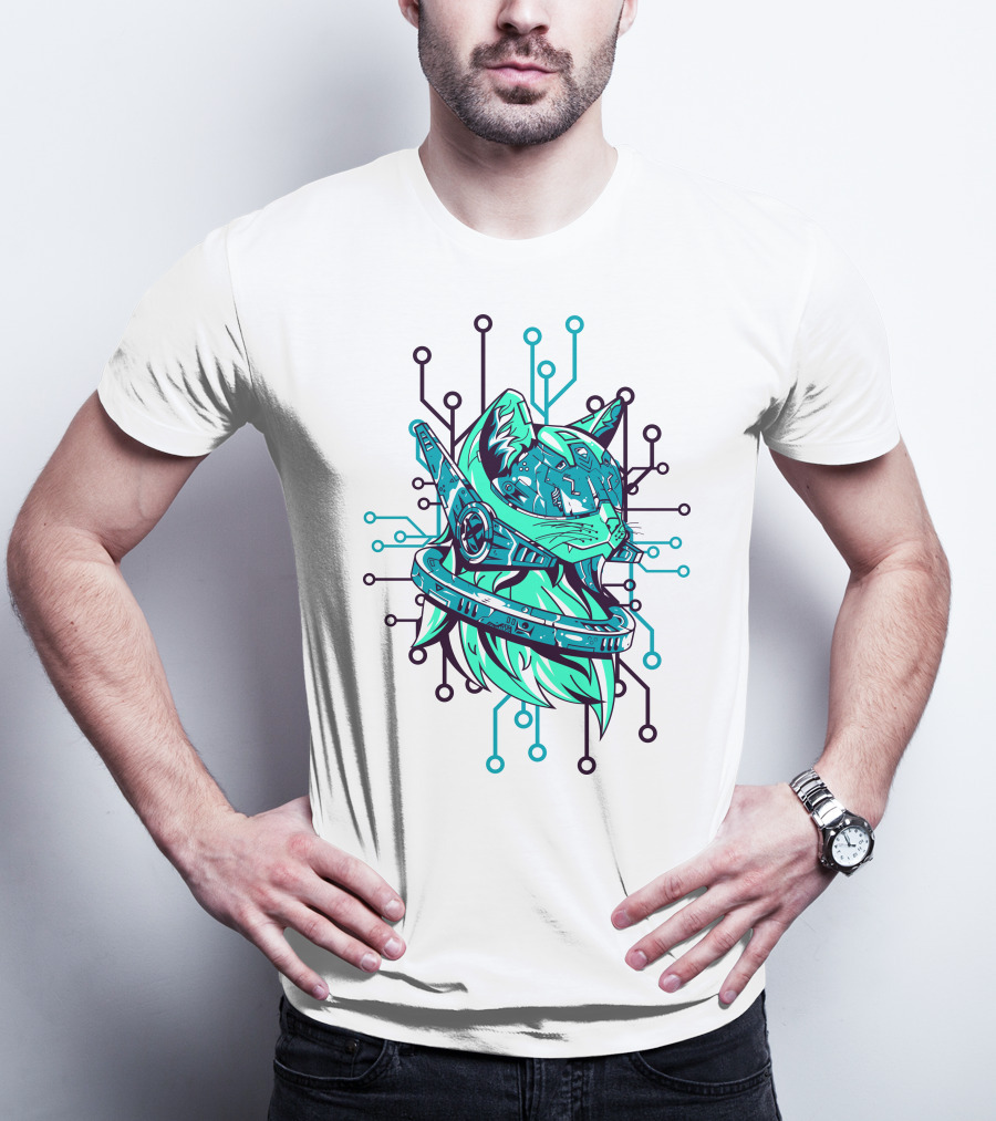 Futuristic Cybernetic Cat With Circuitry Elements T-Shirt