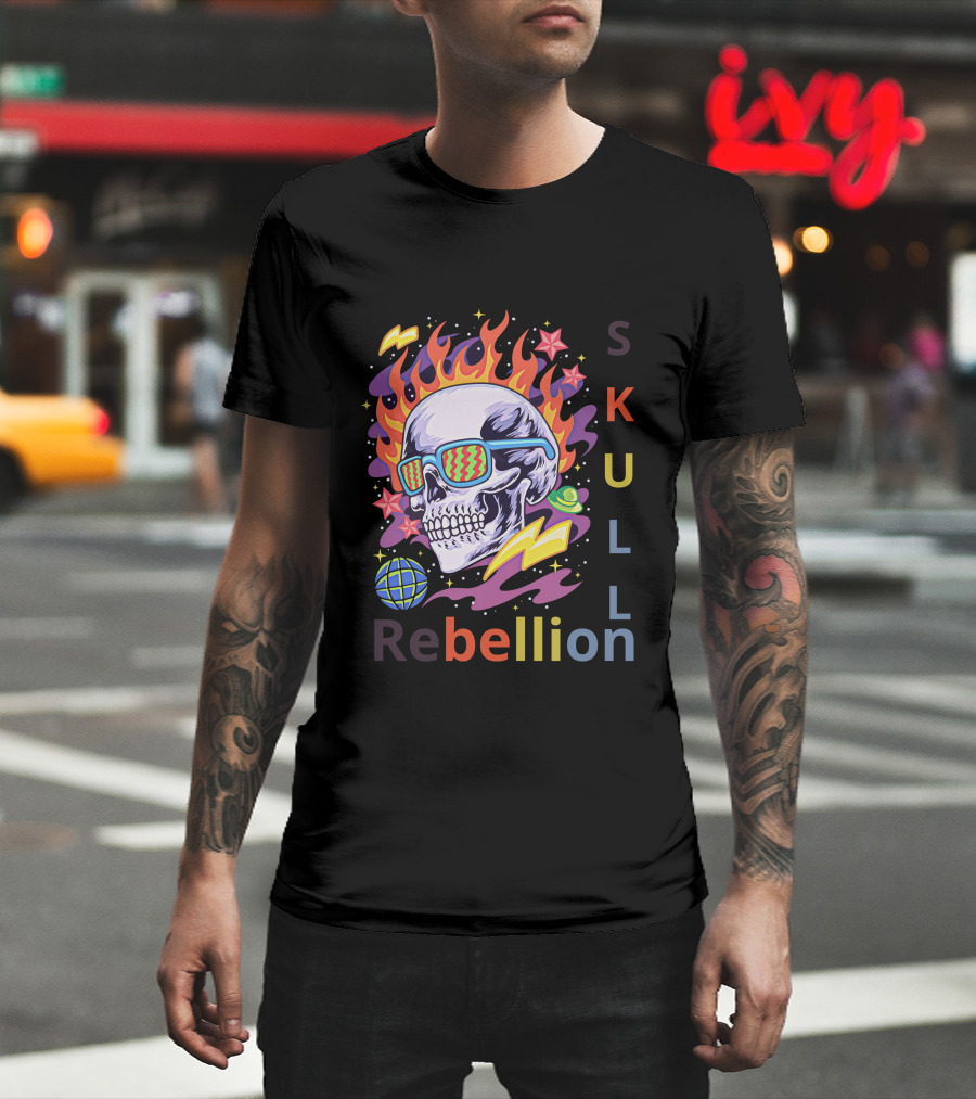 Rebellion Skull With Fiery Sunglasses And Cosmic Elements T-Shirt