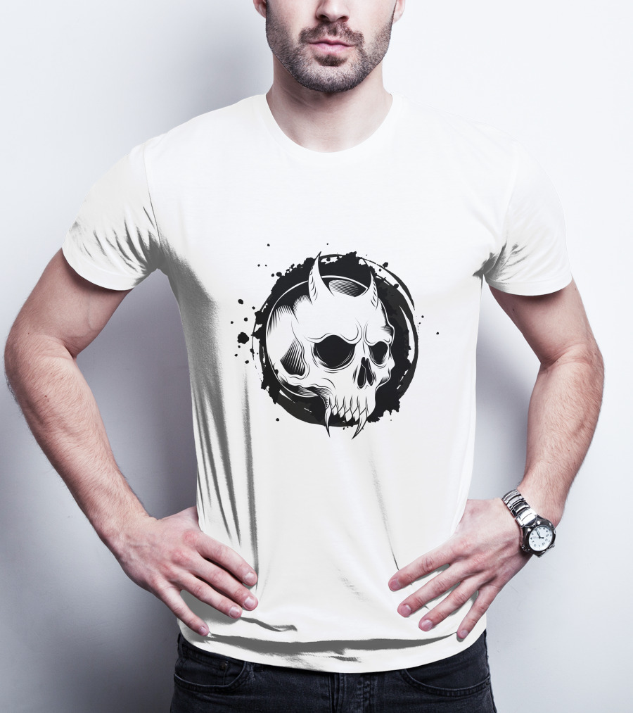 Demon Skull Horned Black Ink Splatter T-Shirt