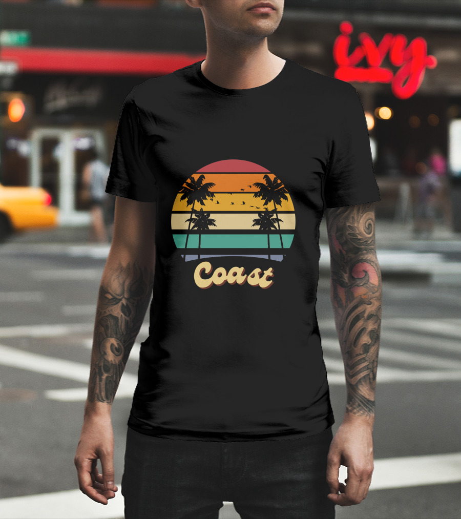 Coast Vintage Sunset Palm Trees Birds T-Shirt