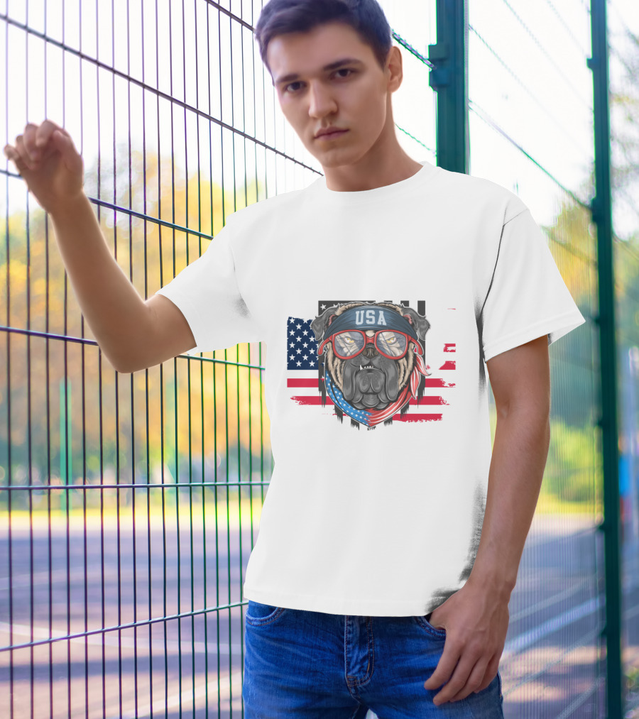 USA Bandana Glasses American Bulldog With Flag Background T-Shirt