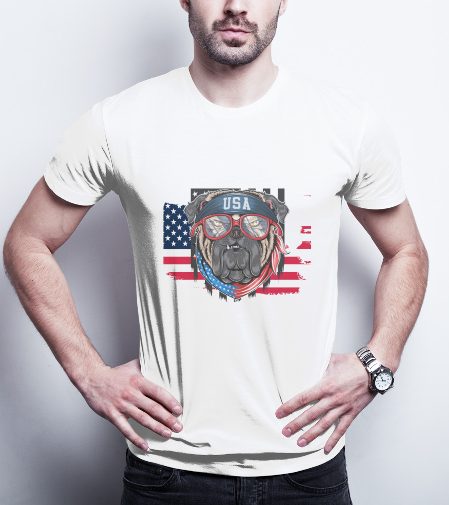 USA Bandana Glasses American Bulldog With Flag Background T-Shirt