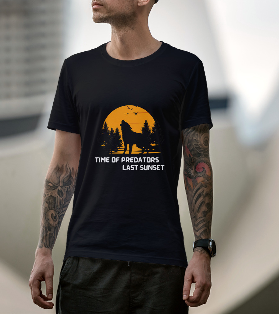 Time Of Predators Last Sunset Wolf Silhouette Against Orange Sky With Trees And Birds T-Shirt