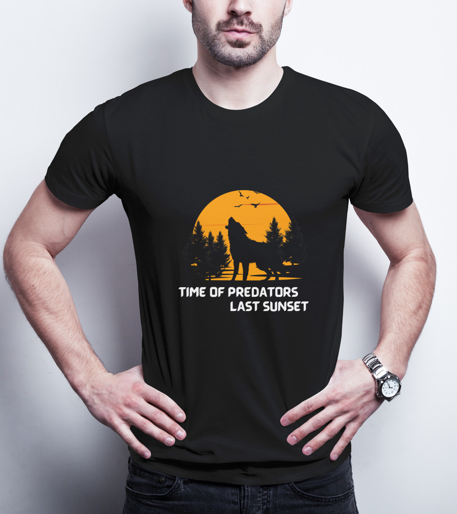 Time Of Predators Last Sunset Wolf Silhouette Against Orange Sky With Trees And Birds T-Shirt