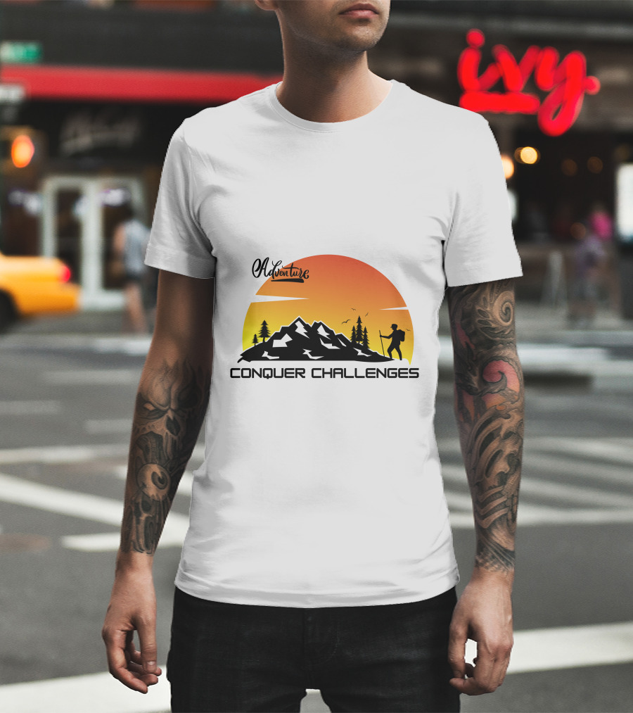 Adventure Conquer Challenges Mountain Hiking Silhouette Sunset Scene T-Shirt