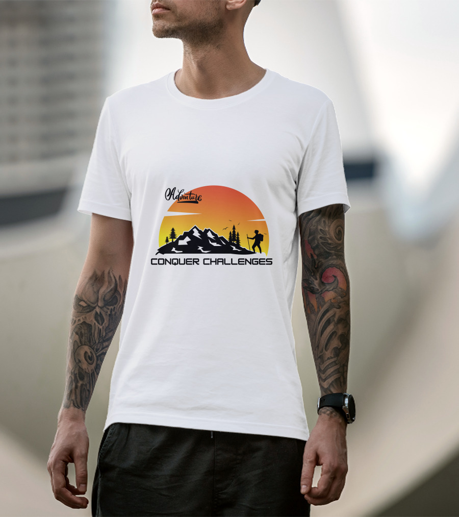 Adventure Conquer Challenges Mountain Hiking Silhouette Sunset Scene T-Shirt