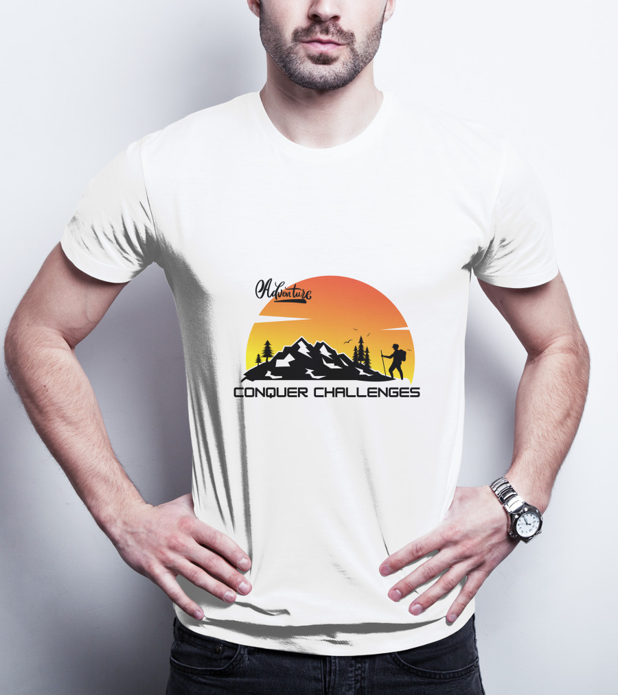 Adventure Conquer Challenges Mountain Hiking Silhouette Sunset Scene T-Shirt