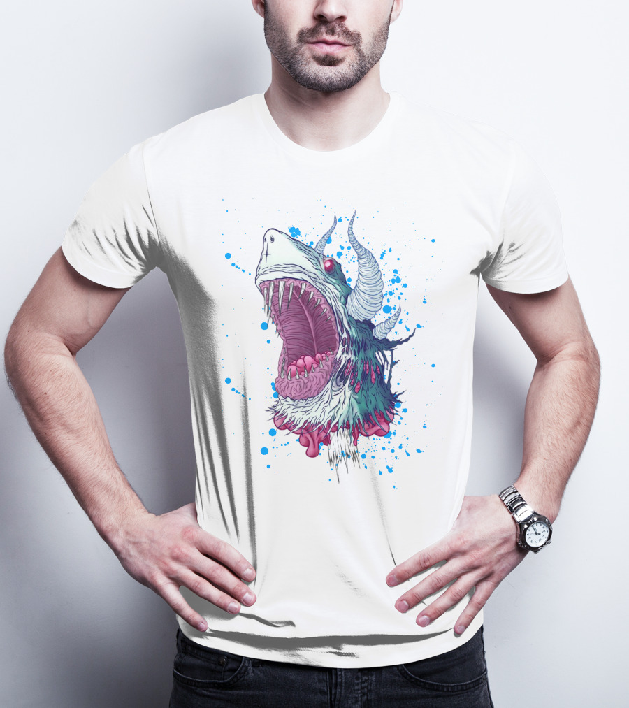 Monster Shark Scream With Horns And Splatter T-Shirt