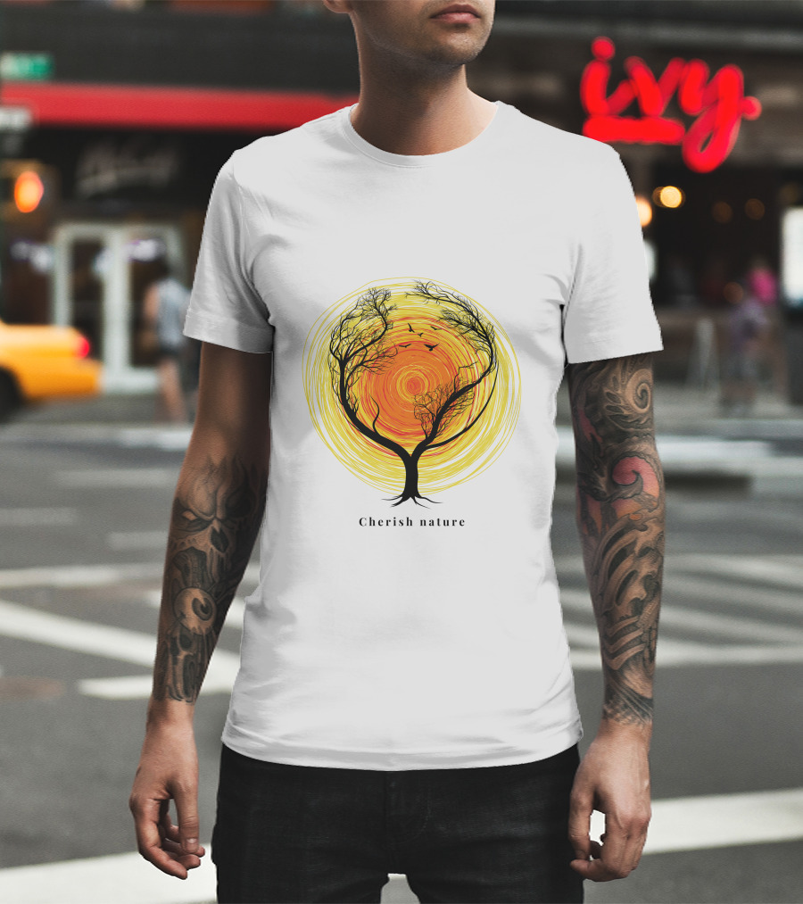 Cherish Nature Tree Silhouette With Birds And Vibrant Spiral Sun T-Shirt