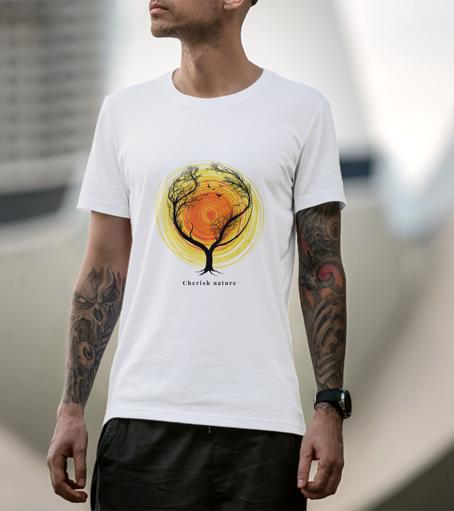 Cherish Nature Tree Silhouette With Birds And Vibrant Spiral Sun T-Shirt