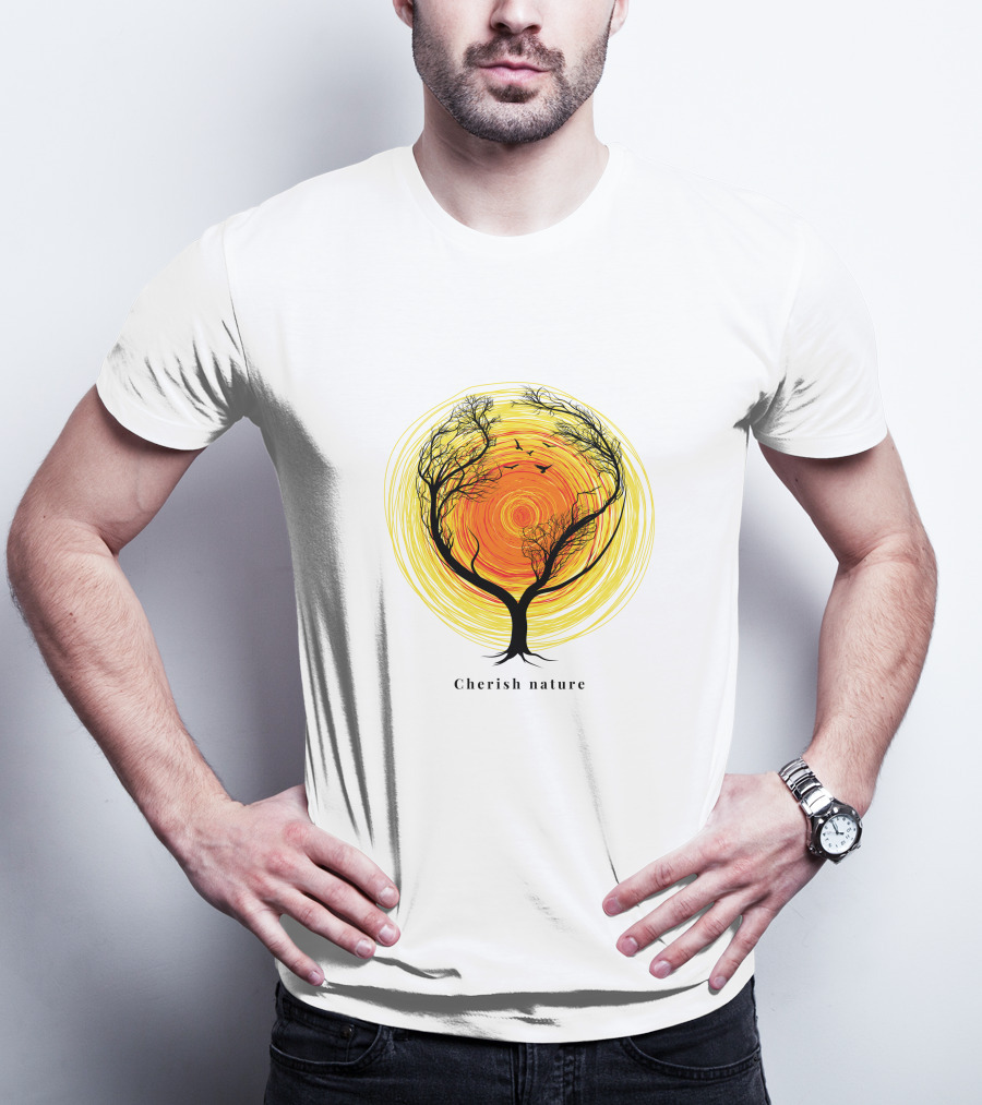 Cherish Nature Tree Silhouette With Birds And Vibrant Spiral Sun T-Shirt