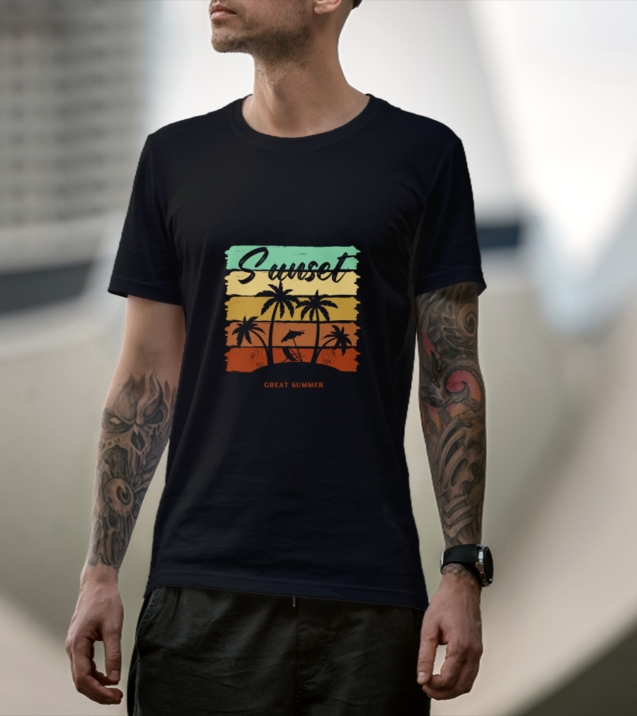 Sunset Great Summer Palm Trees Beach Scene T-Shirt