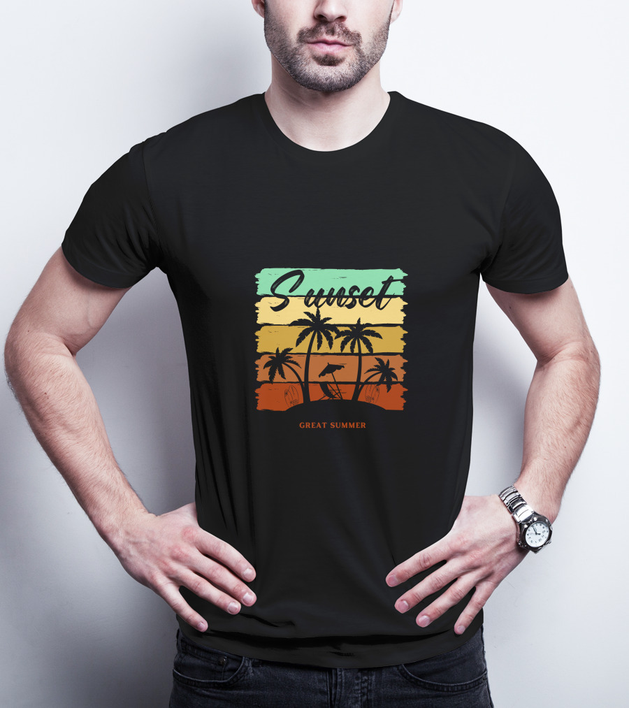Sunset Great Summer Palm Trees Beach Scene T-Shirt