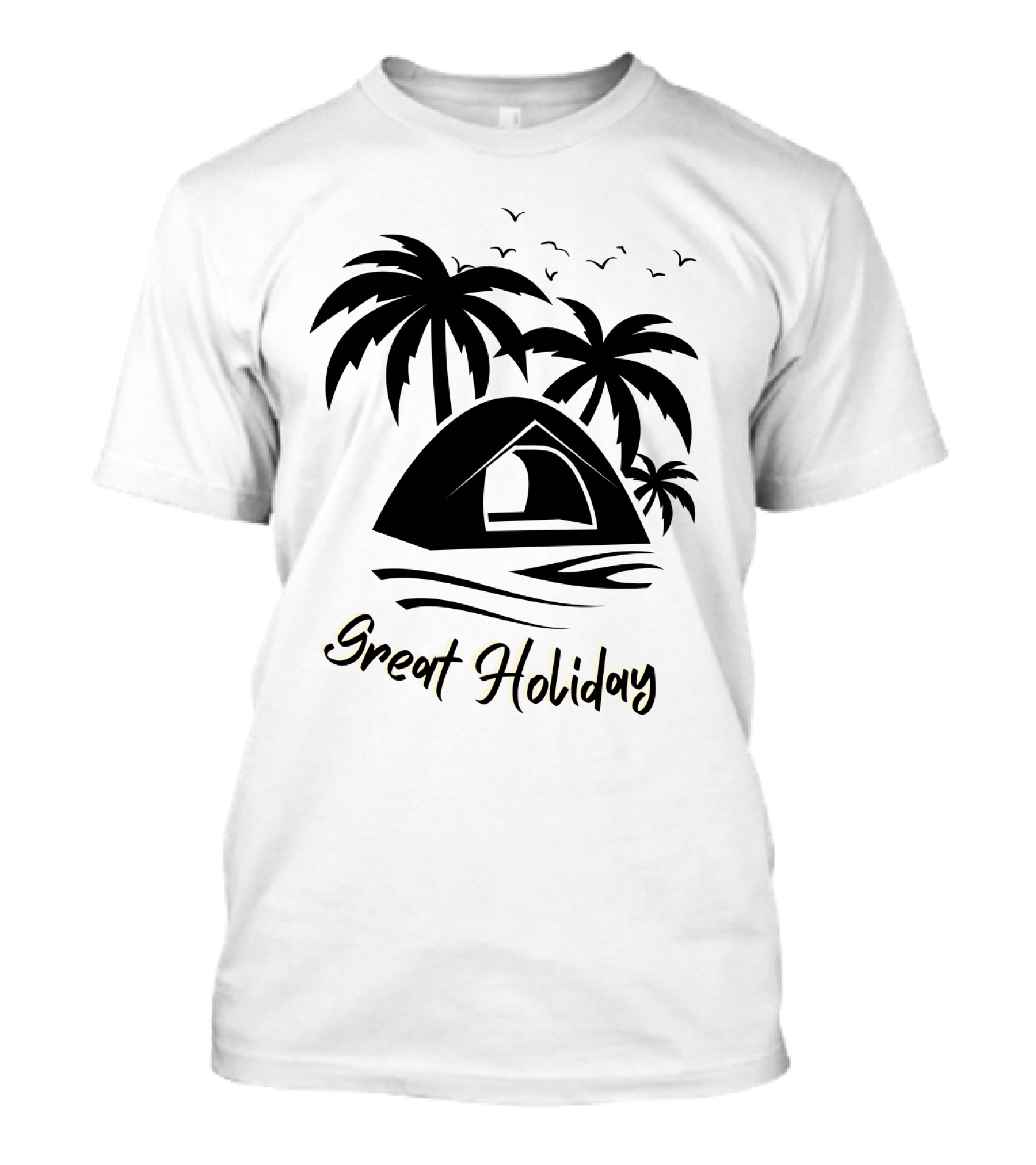 Great Holiday Camping Beach Tent Palm Trees Seagulls T-Shirt