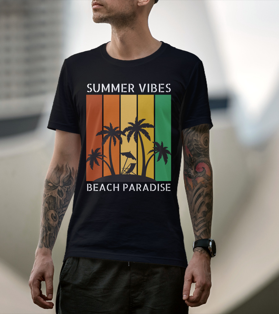 SUMMER VIBES BEACH PARADISE Palm Trees And Lounge Chair On Sunset Stripes T-Shirt